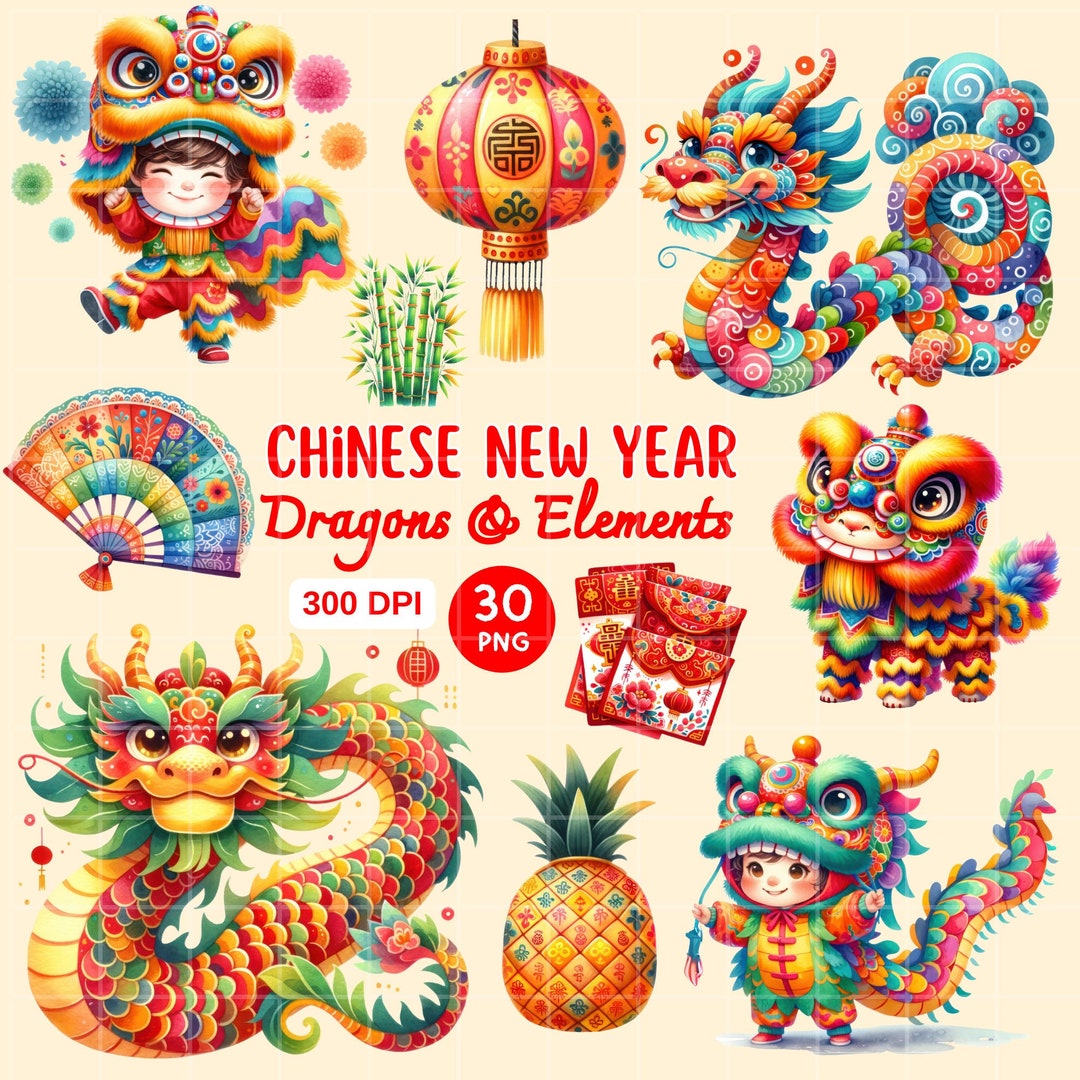 Chinese New Year Dragon Clipart, 2024 Lunar New Year, Watercolor ...