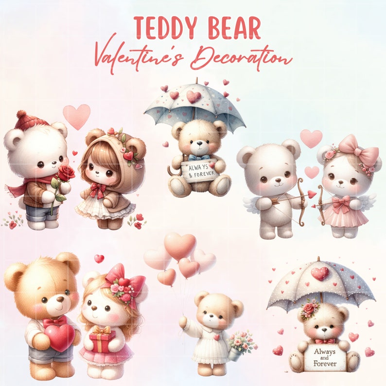 Watercolor Valentine Teddy Bears Clipart Bundle, Valentines Day Clipart ...