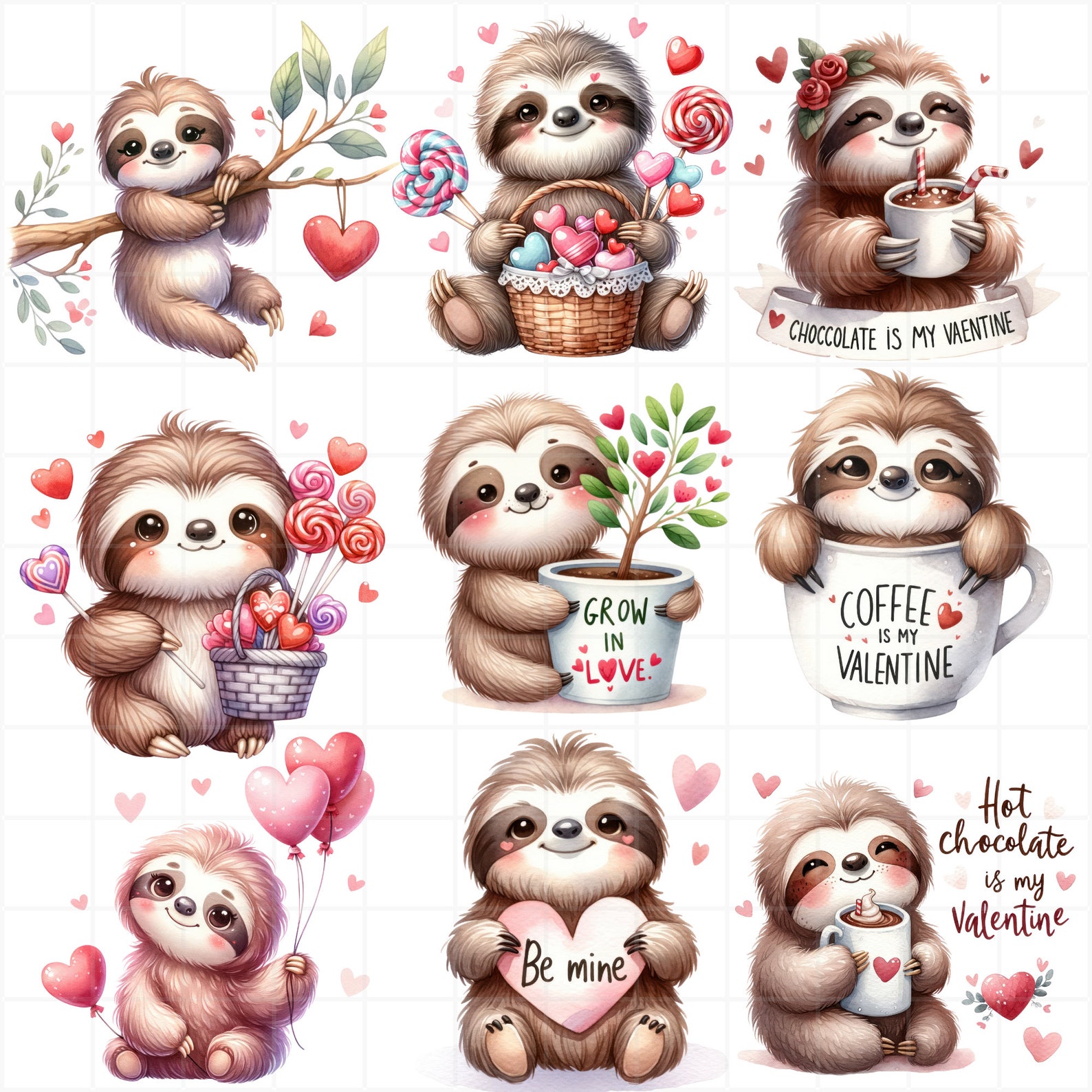 Watercolor Valentine Sloths Clipart Bundle, Valentines Day Clipart PNG ...