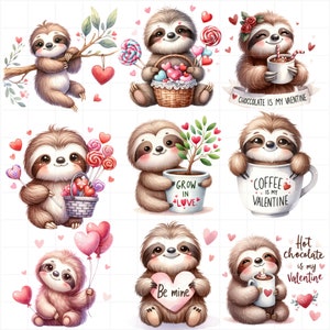 Watercolor Valentine Sloths Clipart Bundle, Valentines Day Clipart PNG ...