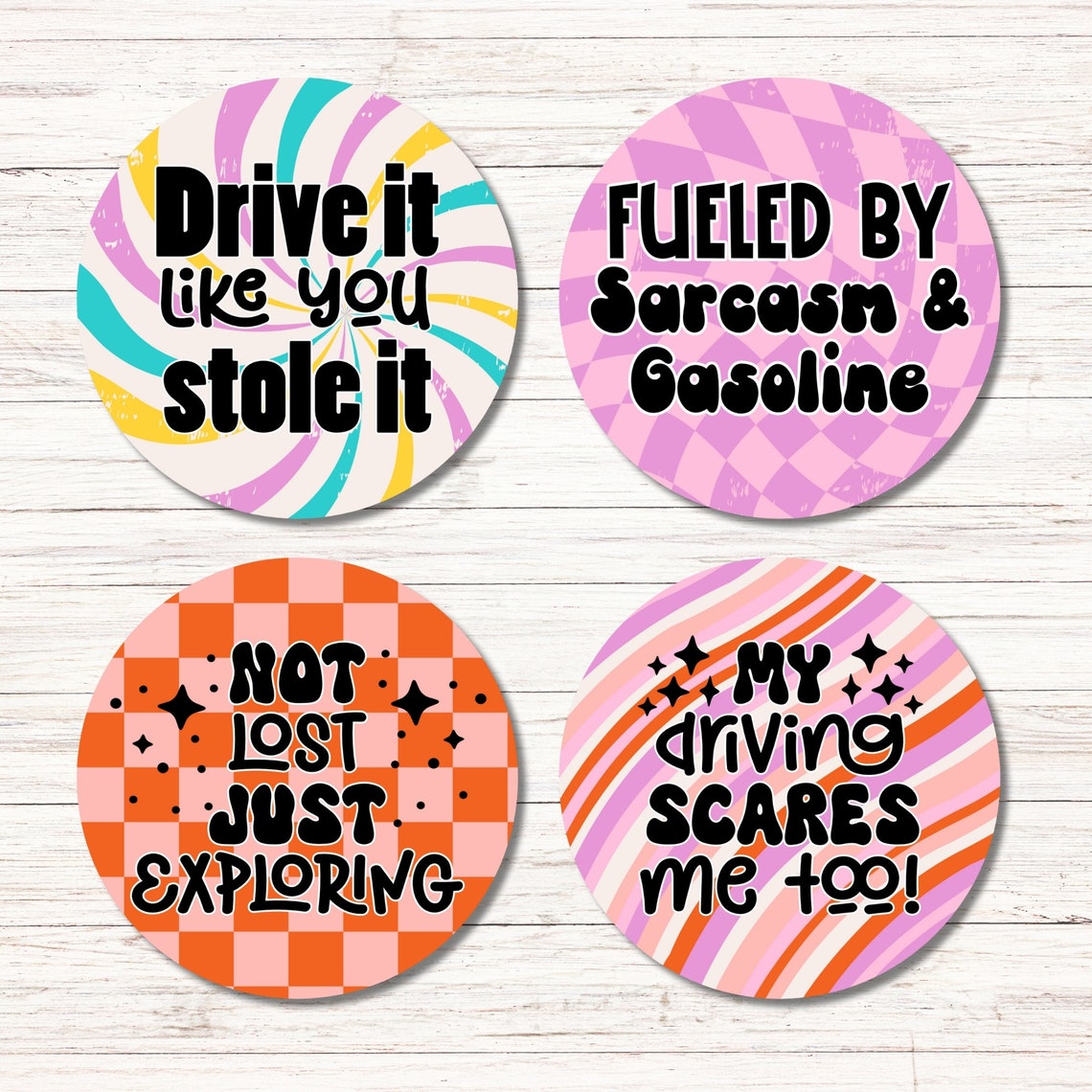 Retro Funny Round Car Coasters, Round Driving Quotes PNG Sublimation ...