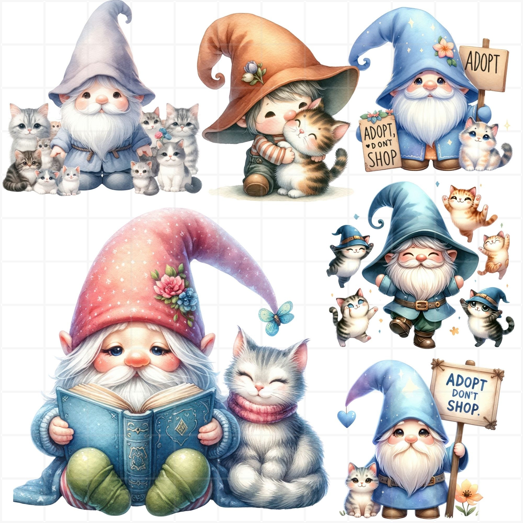 Watercolor Cat Lover Gnomes Clipart Bundle, Cat Lover Png, Whimsical ...
