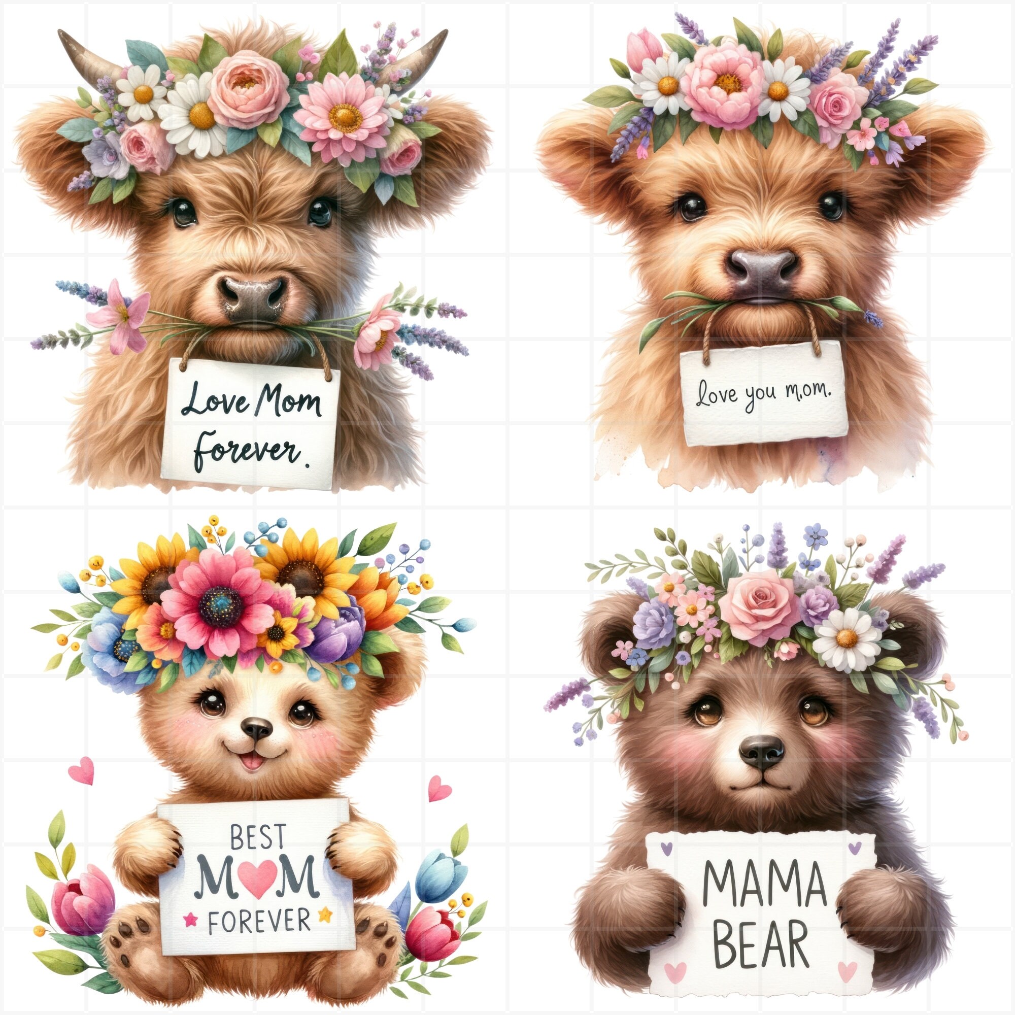 Watercolor Mother's Day Baby Animals Clipart Bundle, Mother's Day ...