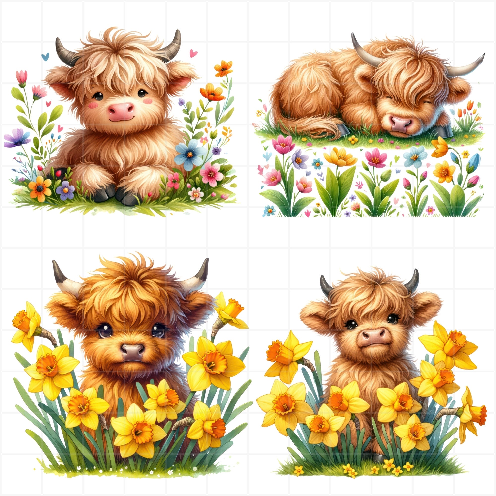 Watercolor Cute Baby Highland Cow Clipart Bundle, Spring Highland Cow ...