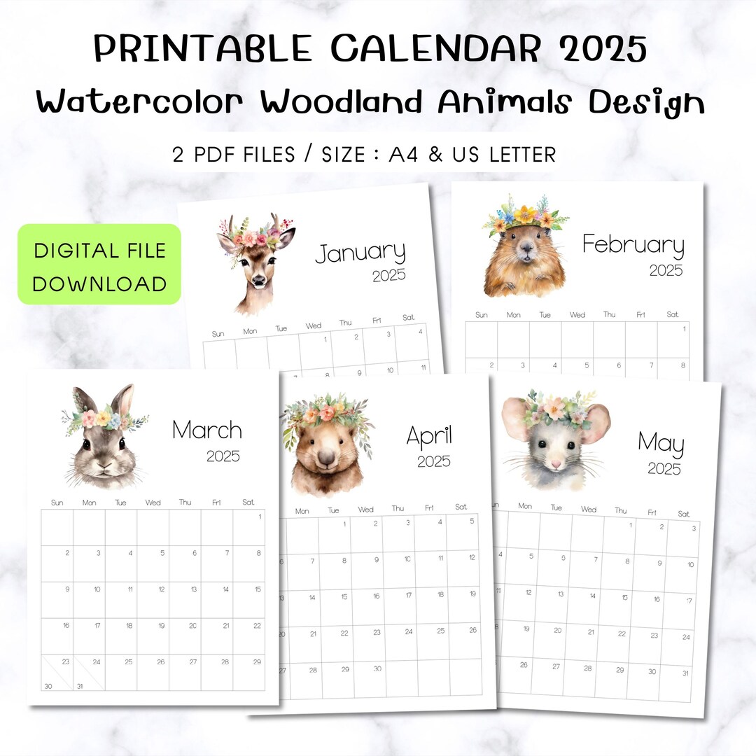 2025 Watercolor Woodland Animal Calendar: Monthly Planner (PDF) - Etsy ...