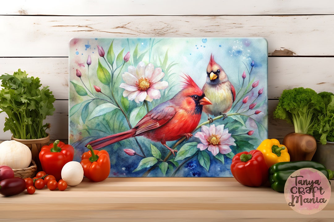 Cardinal and Flowers Glass Cutting Board Sublimation Design (PNG) - Etsy