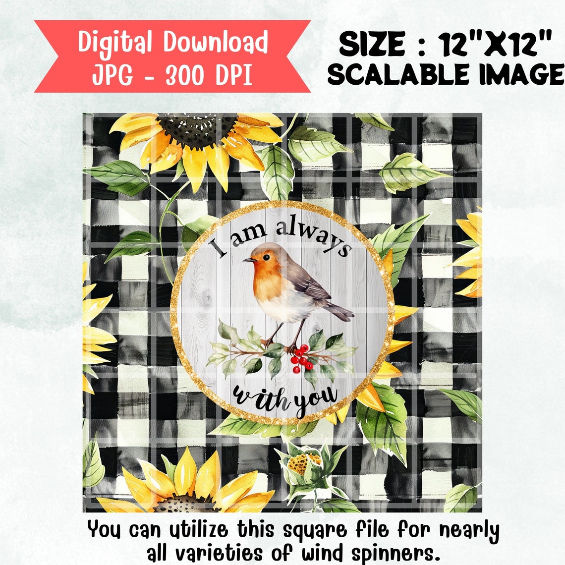 Robin Memorial Wind Spinner Sublimation Design: Sunflower Plaid (JPG ...