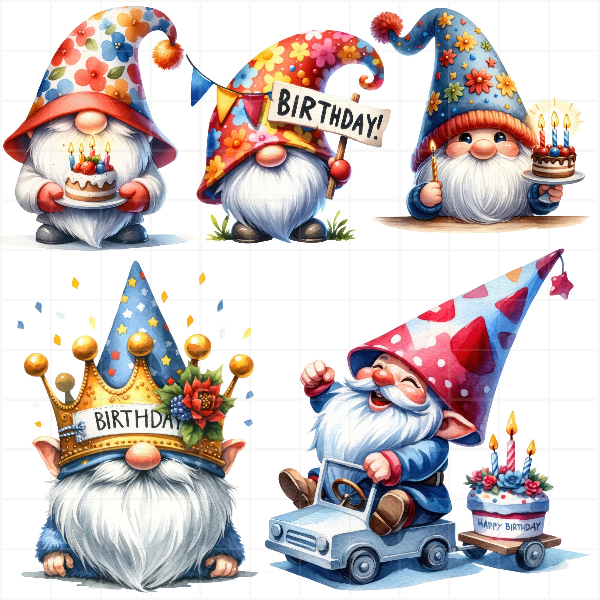 Watercolor Birthday Gnomes Clipart Bundle, Birthday Decoration Png ...