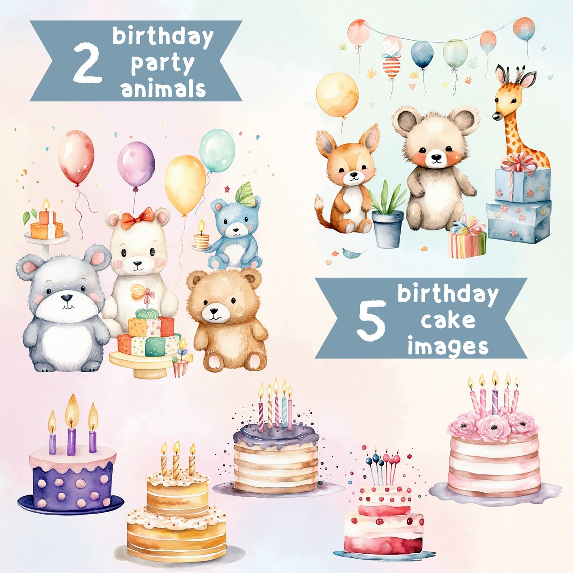 Watercolor Birthday Teddy Bear Bundle Clipart, 50 PNG Birthday Images ...