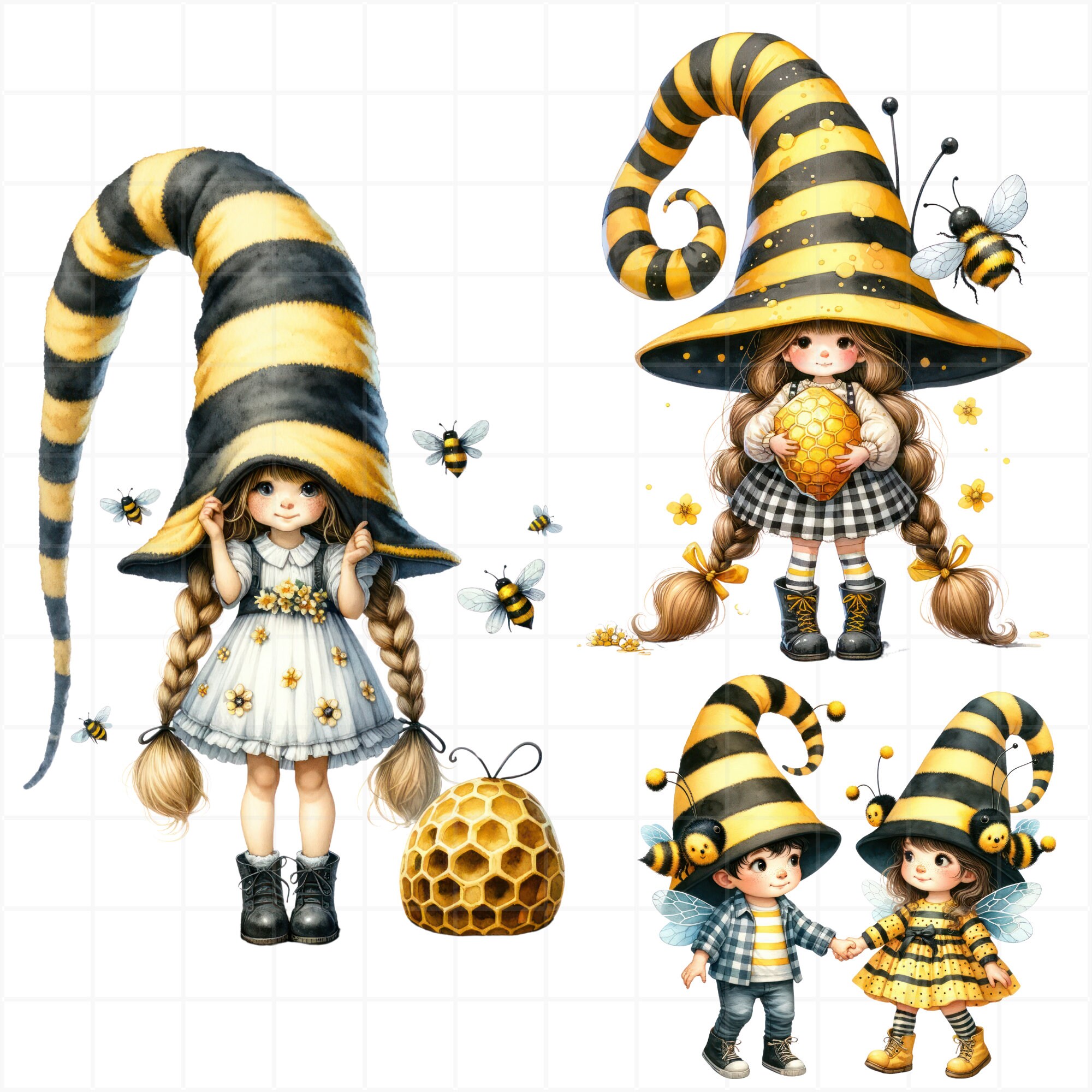 Watercolor Cute Kids in Gnome Bee Hat Clipart Bundle, Bee Girl Png ...