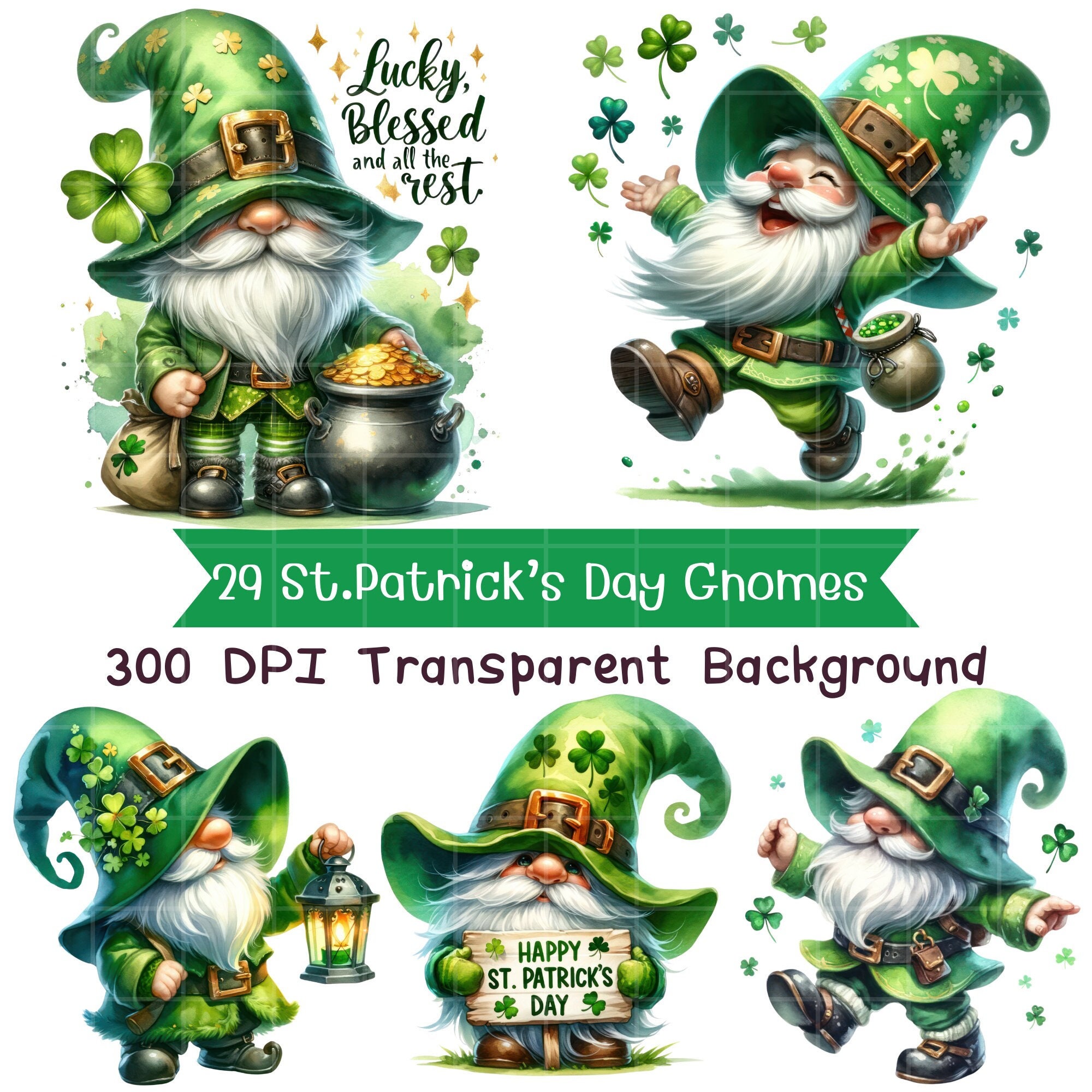 Watercolor St Patricks Day Gnomes Clipart Bundle, Cute St Patrick Day ...