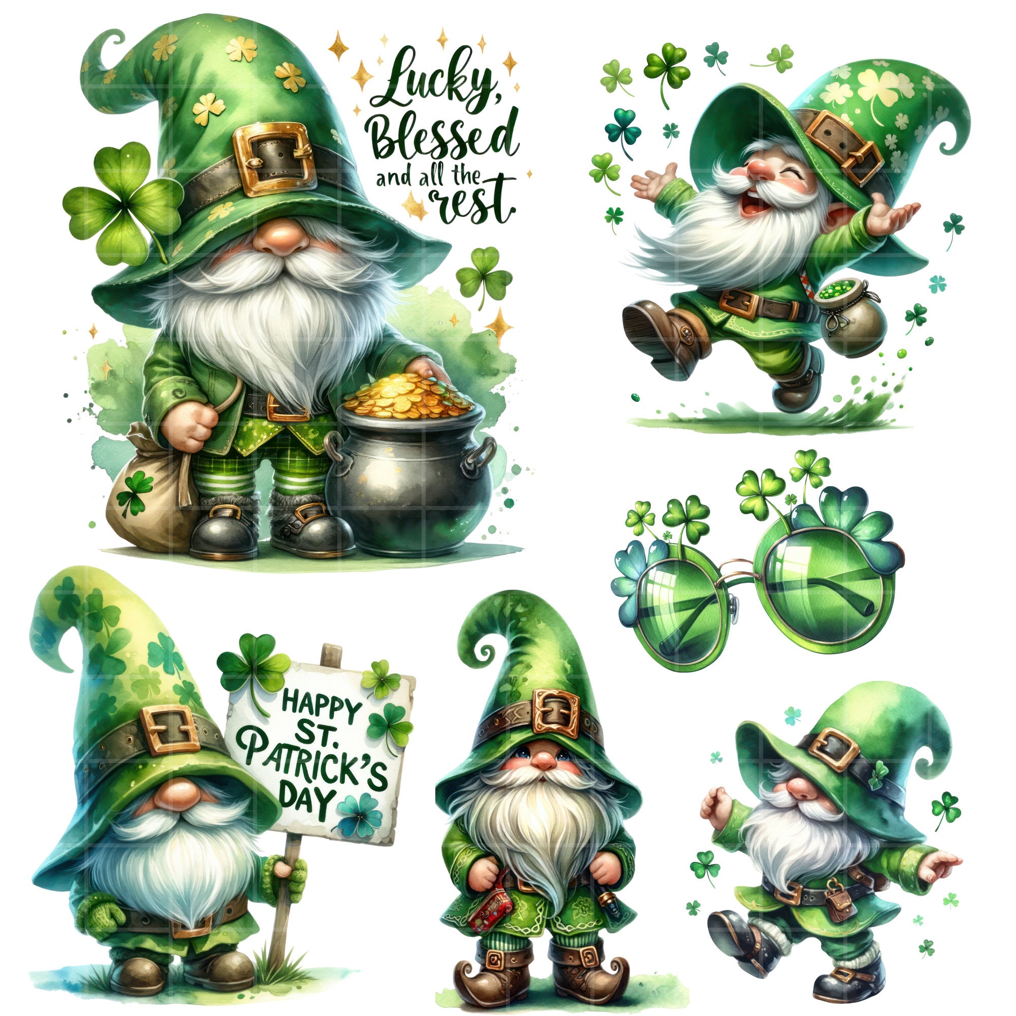 Watercolor St Patricks Day Gnomes Clipart Bundle, Cute St Patrick Day ...