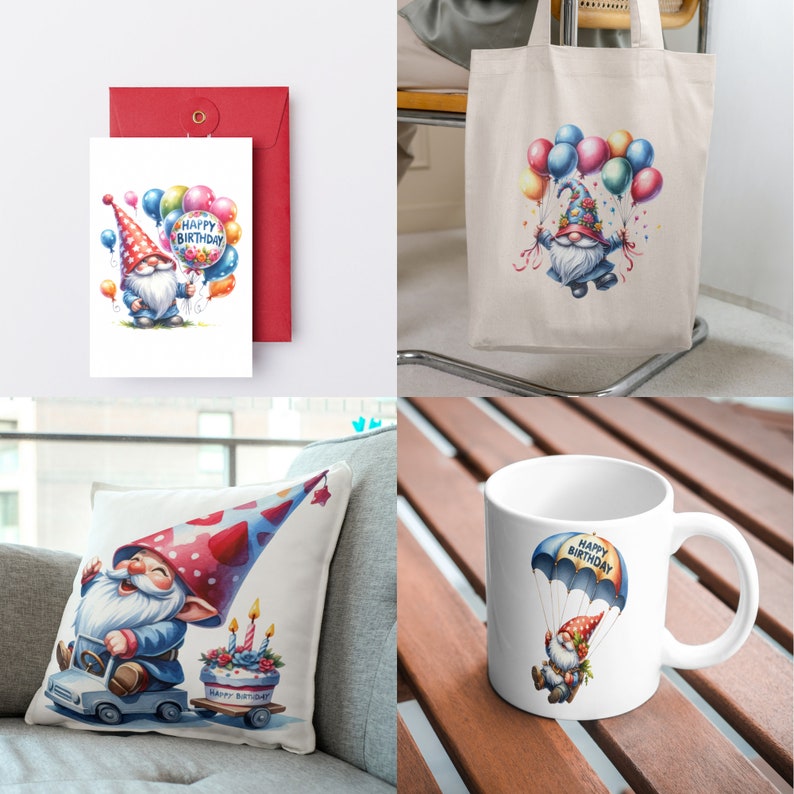 Watercolor Birthday Gnomes Clipart Bundle: Whimsical PNG Sublimation ...