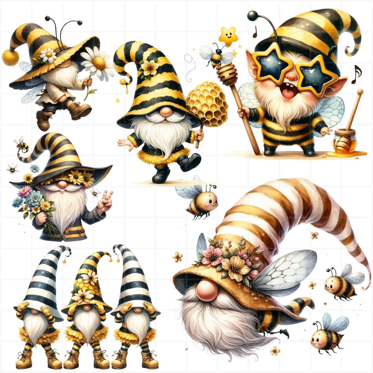 Watercolor Bumble Bee Gnomes Clipart Bundle, Honey Bee Gnomes Png, Cute ...