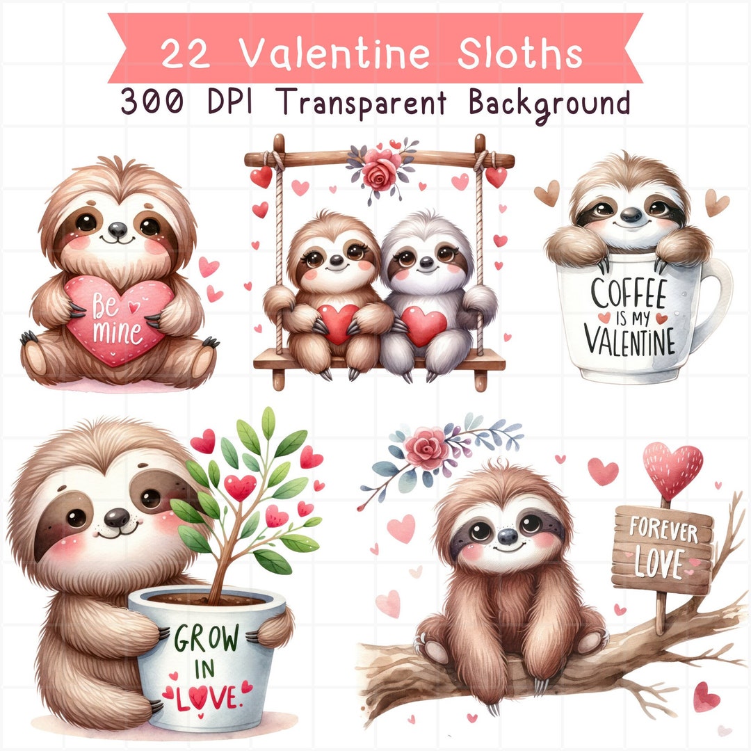 Watercolor Valentine Sloths Clipart Bundle, Valentines Day Clipart PNG ...
