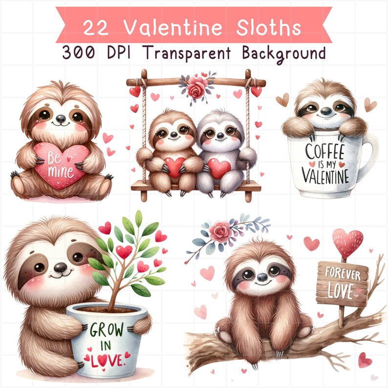 Watercolor Valentine Sloths Clipart Bundle, Valentines Day Clipart PNG ...