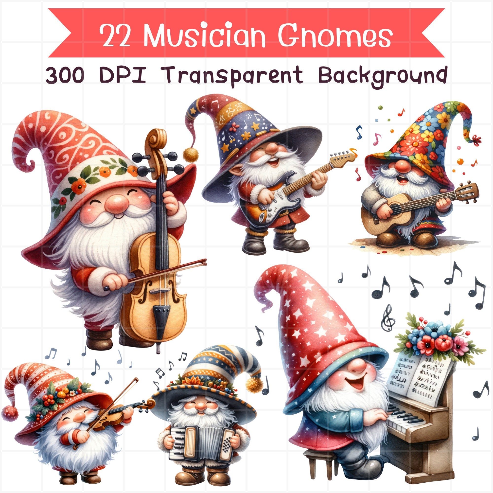 Watercolor Musician Gnomes Clipart Bundle, Music Gnomes Png, Whimsical ...