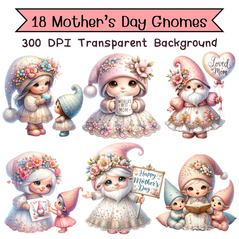Watercolor Mother's Day Gnomes Clipart Bundle, Mother's Day Decoration ...