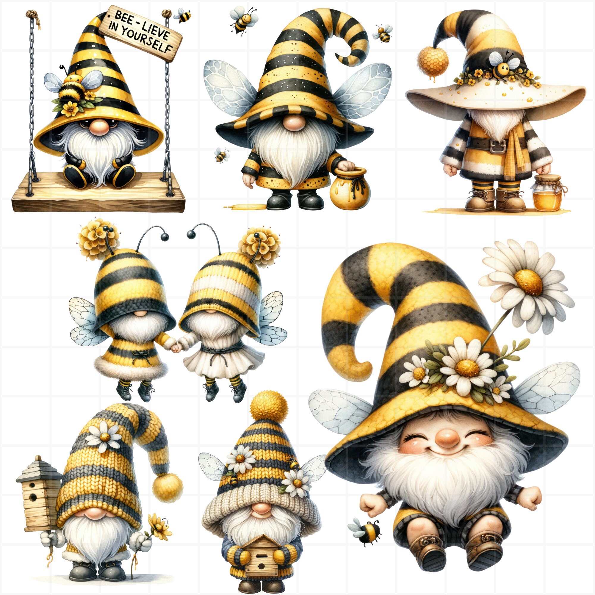 Watercolor Bumble Bee Gnomes Clipart Bundle, Honey Bee Gnomes Png, Cute ...
