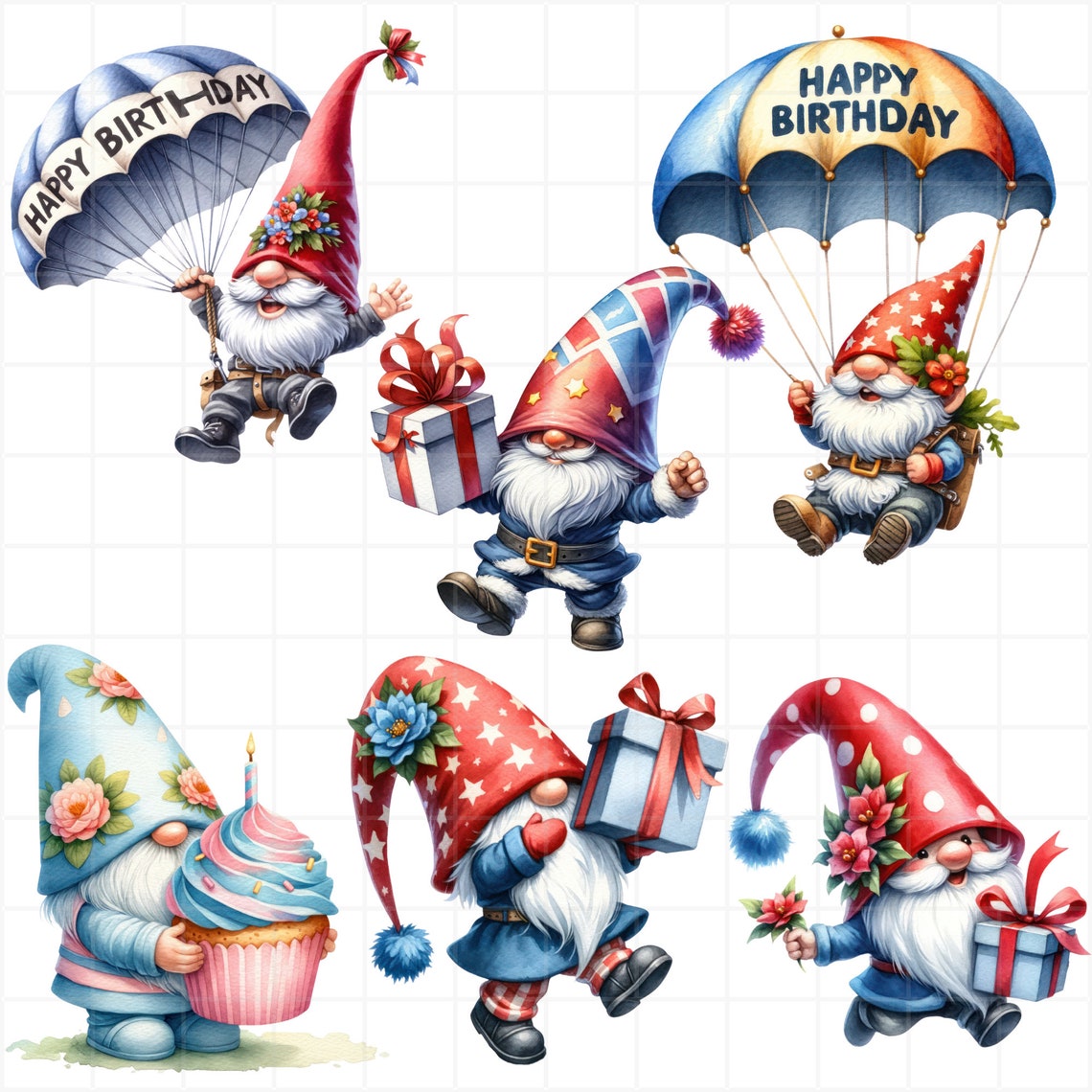 Watercolor Birthday Gnomes Clipart Bundle, Birthday Decoration Png ...