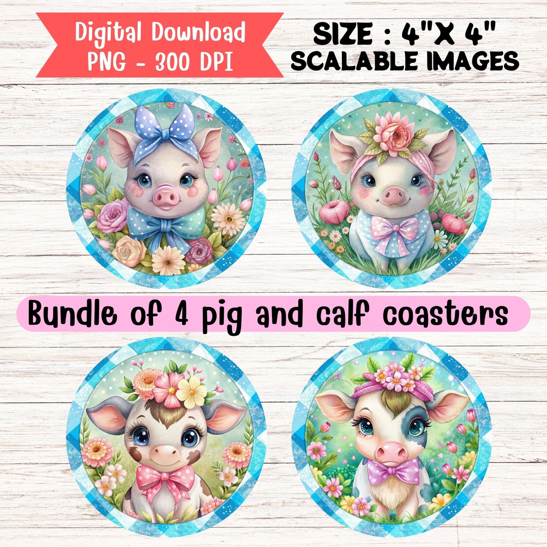 Farmhouse Animals Coasters: Pig & Calf PNG Sublimation Designs (digital ...