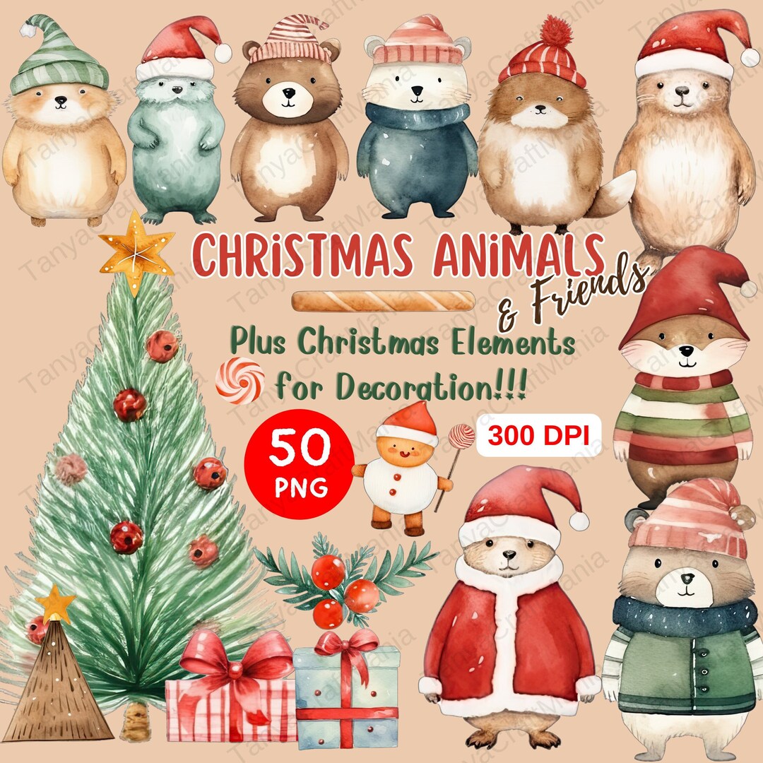 Watercolor Christmas Animal Clipart Bundle, PNG Christmas Animals ...