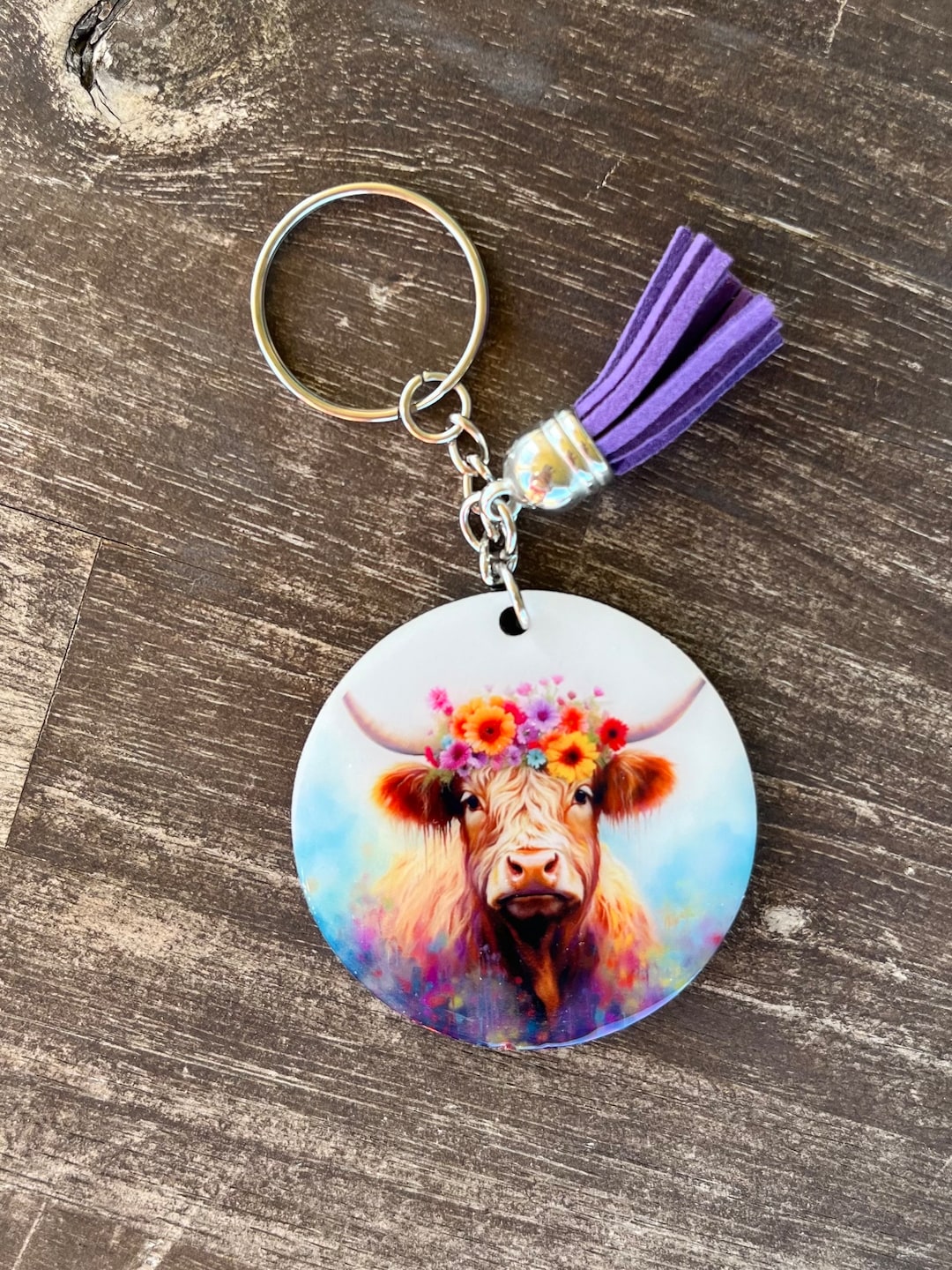 Floral Highland Cow Keychain | Keychain | School Backpack Charm | Gift ...