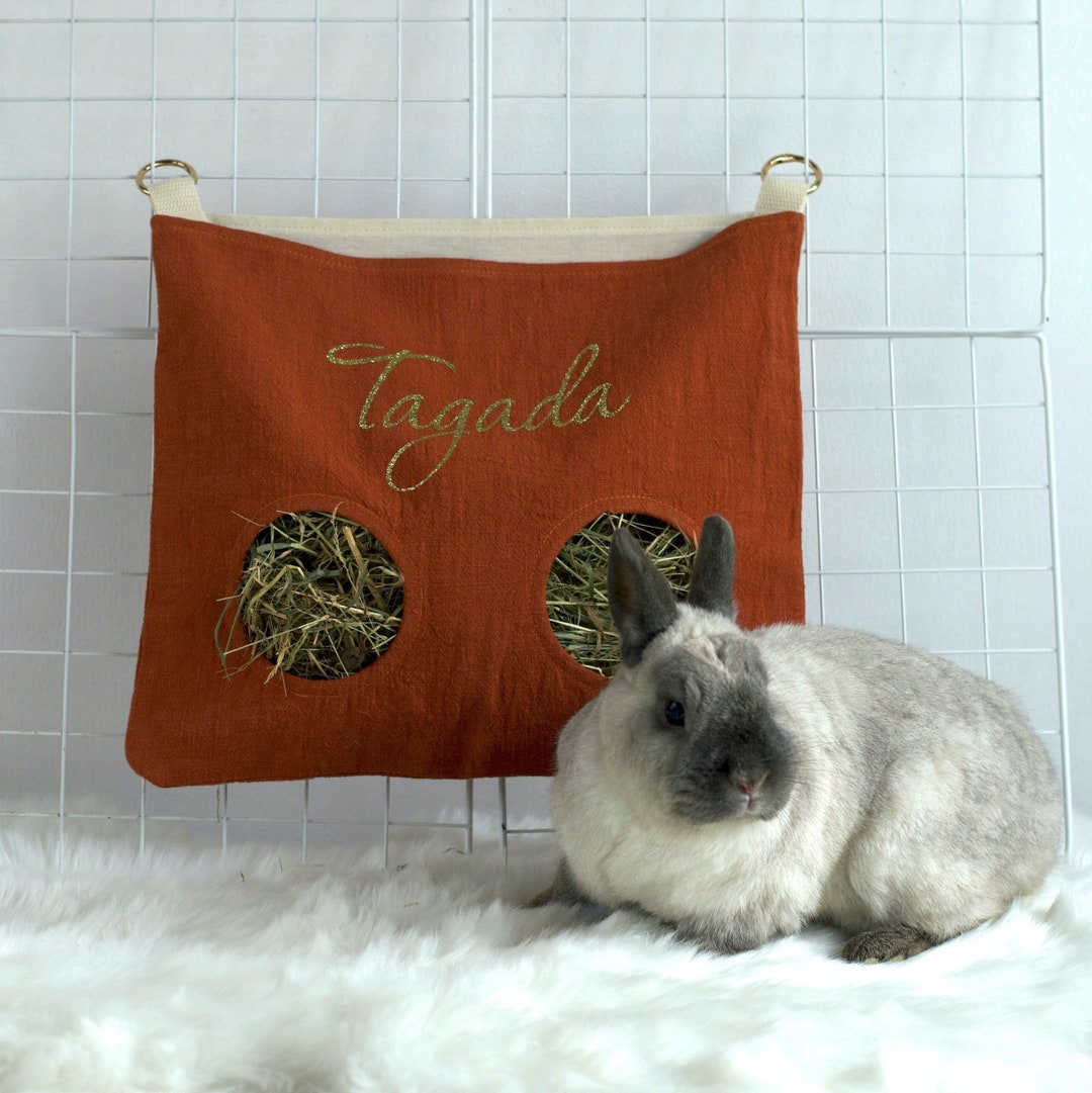Rabbit Hey Feeder With Custom Name Stone Washed Linen Hanging Hay Bag ...