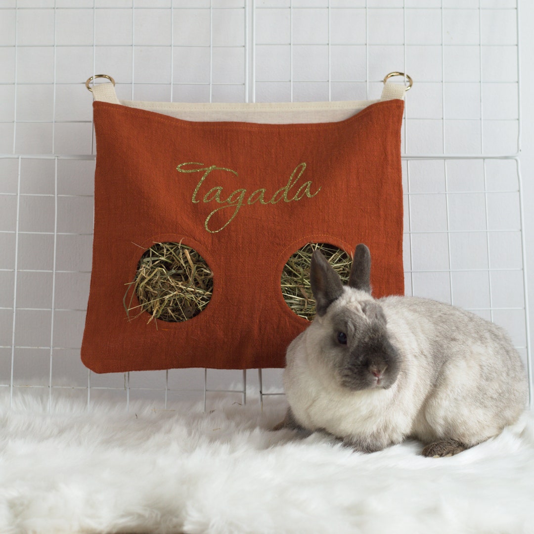 Rabbit Hey Feeder With Custom Name - Stone Washed Linen Hanging Hay Bag ...