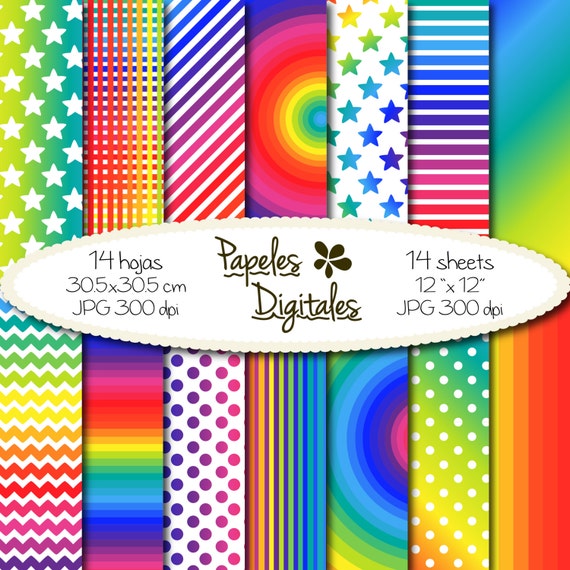 Rainbow Digital Papers Colorful Bright Colors Digital | Etsy