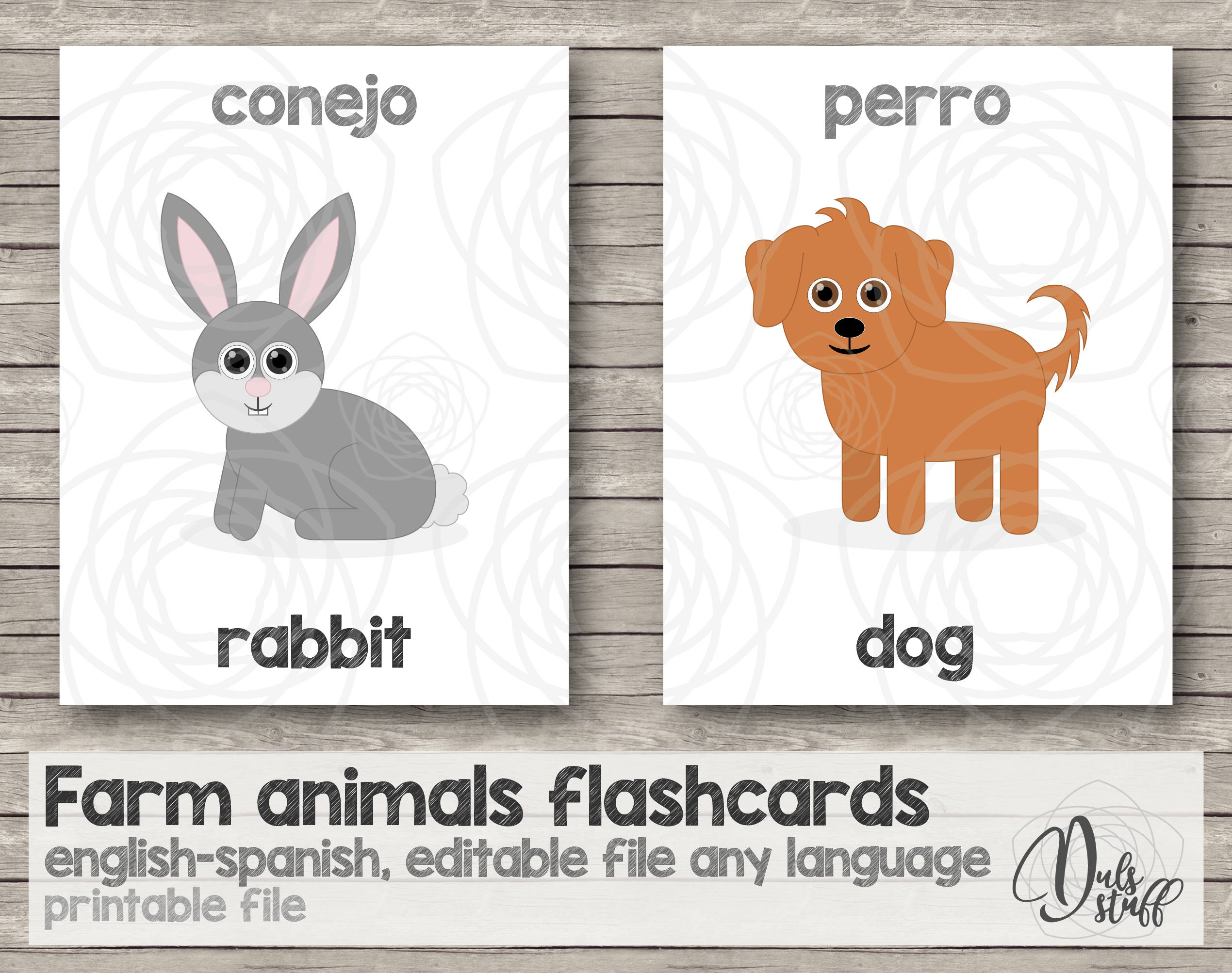 Printable kids farm animals flash cards english and spanish | Etsy México