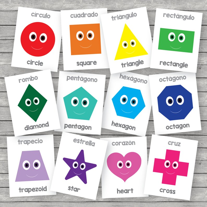 Printable kids shape flashcards english-spanish | Etsy