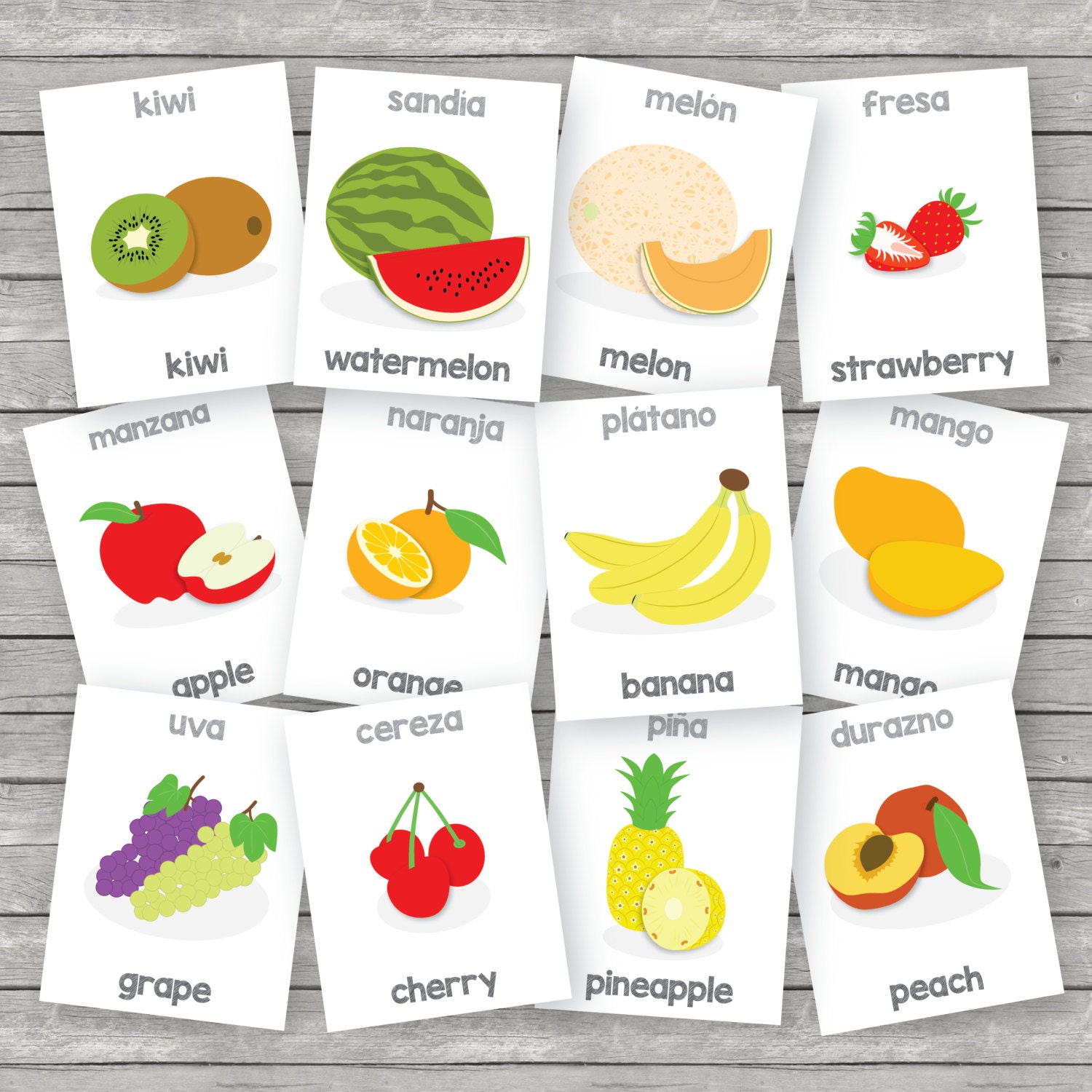 Tarjetas de frutas imprimibles para niños inglés-español - Etsy México