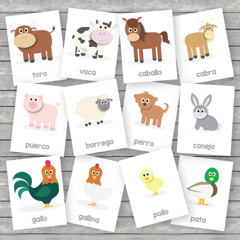 Printable Farm Animal Cards for Kids in Spanish. - Etsy