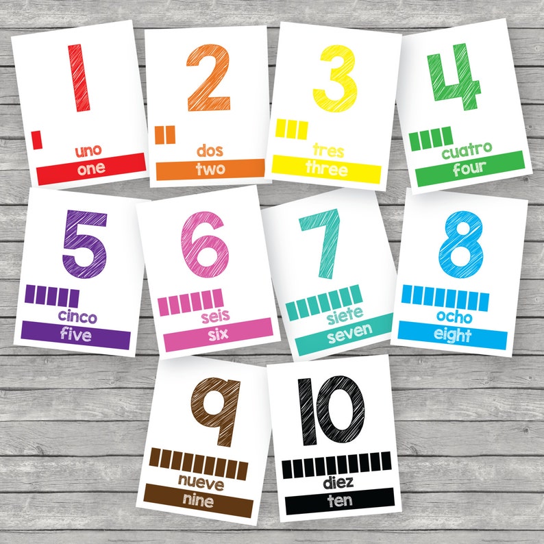 Printable Number Cards for Kids, 1-10 (english-spanish) - Etsy