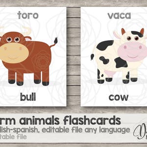 Printable Kids Farm Animals Flash Cards, English and Spanish, Printable ...