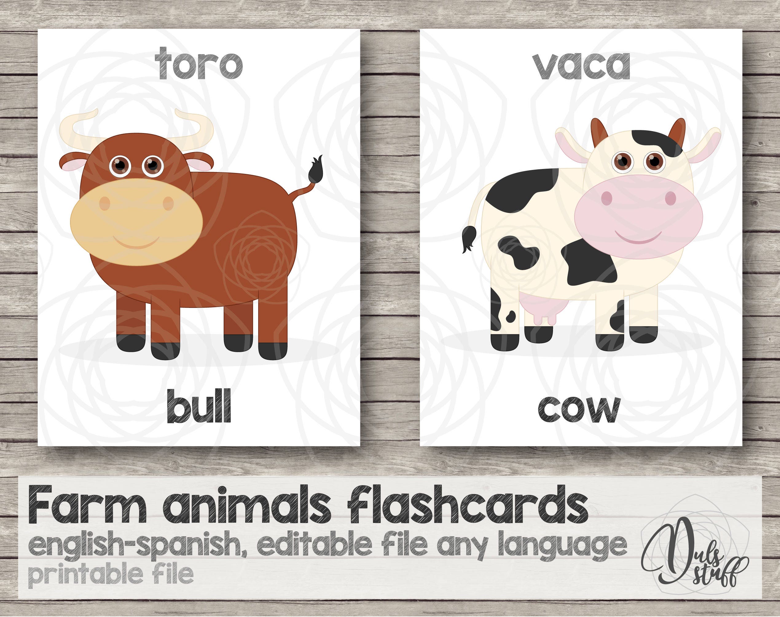 Printable kids farm animals flash cards english and spanish | Etsy México