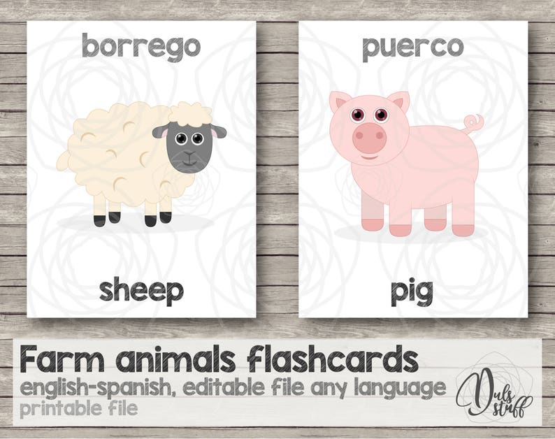 Printable Kids Farm Animals Flash Cards, English and Spanish, Printable ...