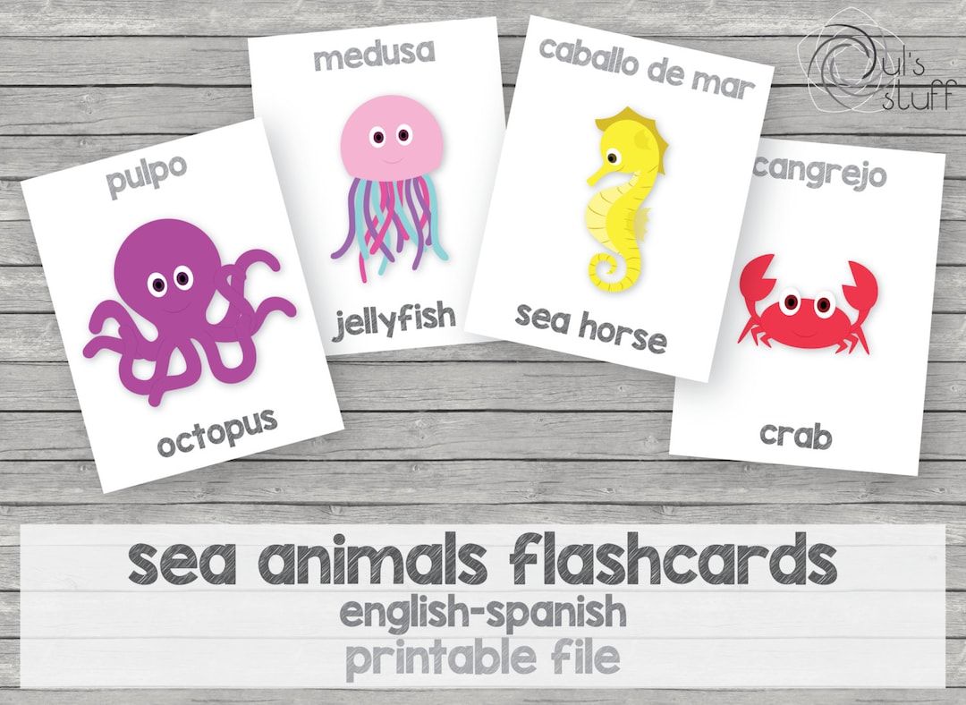 Printable Kid’s Sea Animals Flashcards, English-spanish - Etsy