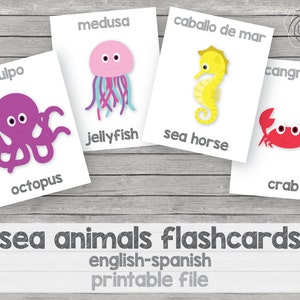Tarjetas de animales del mar imprimibles para niños inglés-español ...