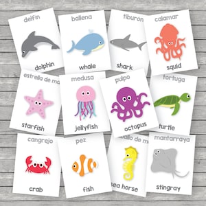 Tarjetas de animales del mar imprimibles para niños inglés-español ...
