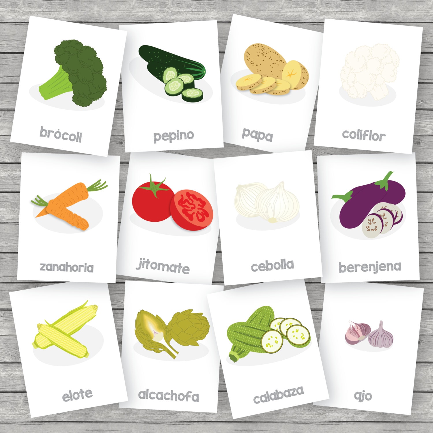 Tarjetas de vegetales imprimibles para niños en español | Etsy