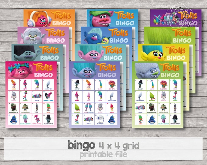 Trolls Bingo 4 X 4 Grid, 1 Card per Page and 2 Cards per Page. - Etsy