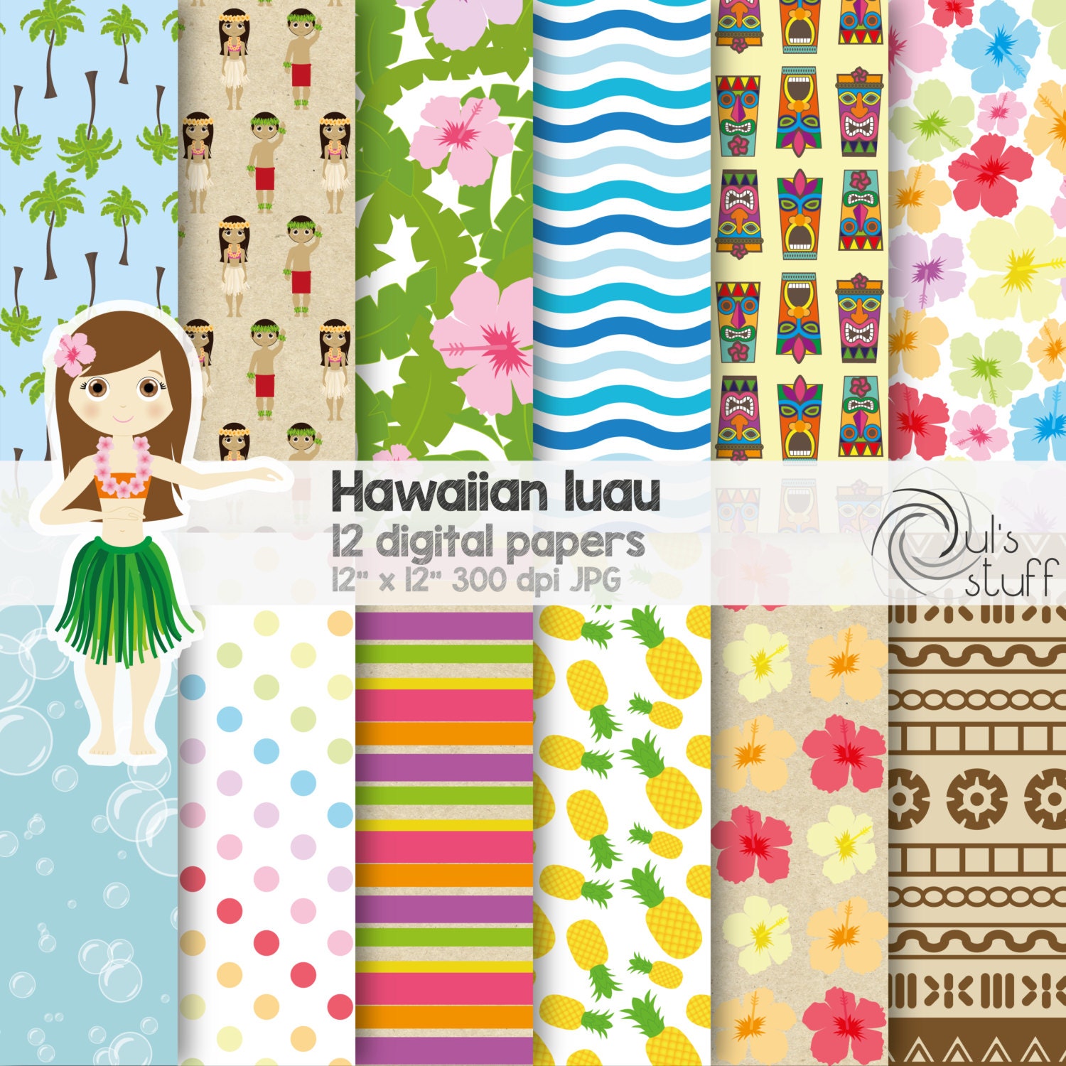 Hawaiian luau digital paper hula Hawaii hawaiian flowers | Etsy