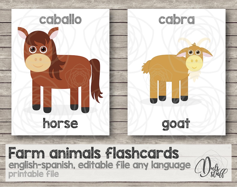 Printable Kids Farm Animals Flash Cards, English and Spanish, Printable ...