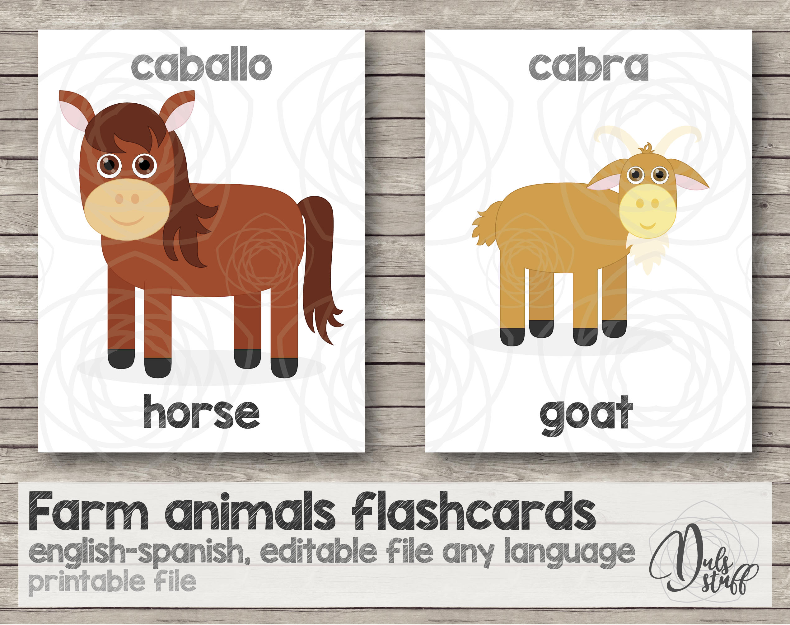 Printable kids farm animals flash cards english and spanish | Etsy México