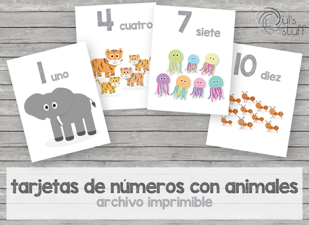 Printable Kids Numbers With Animals Flashcards, Spanish - Etsy