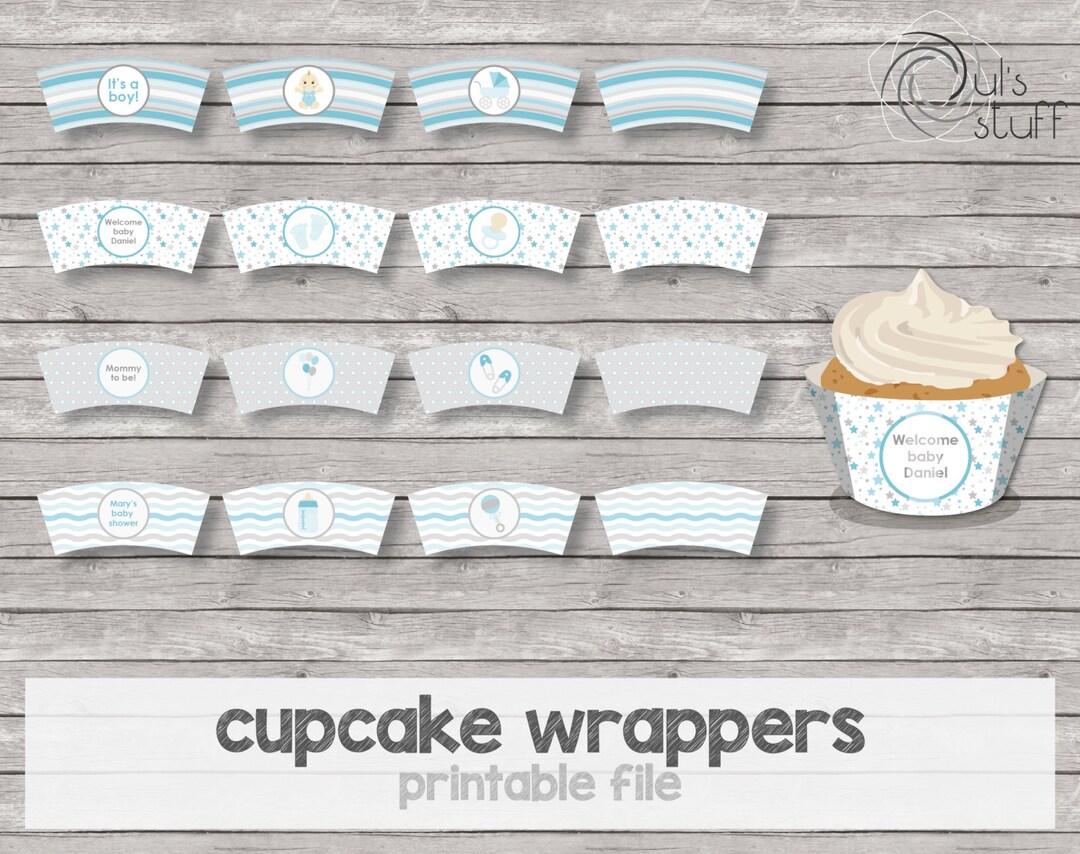Printable and Customizable Boy Baby Shower Cupcake Wrappers - Etsy