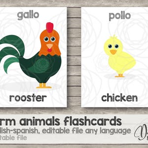 Printable Kids Farm Animals Flash Cards, English and Spanish, Printable ...