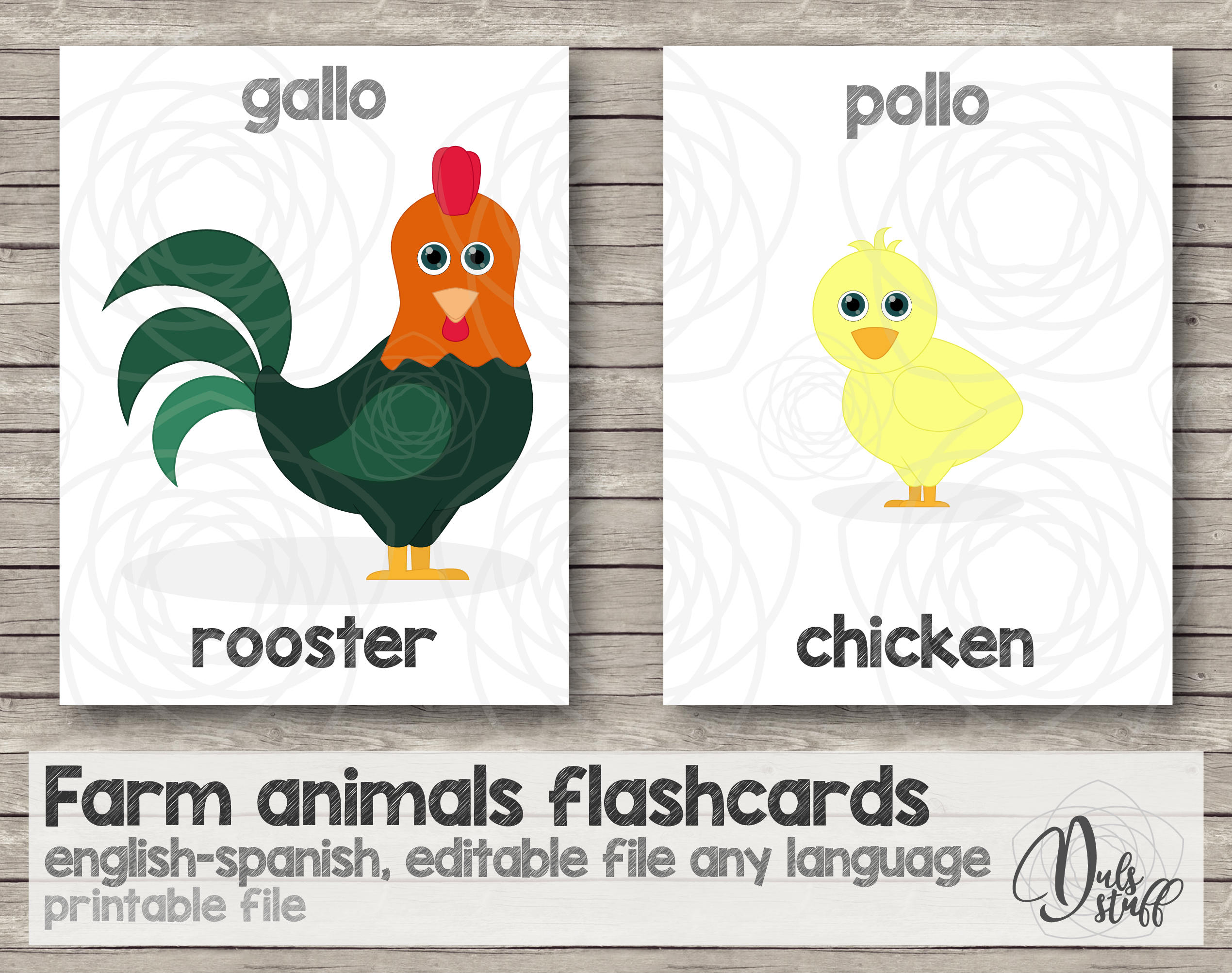 Printable kids farm animals flash cards english and spanish | Etsy México